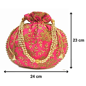 EKAVYA Potli Bag Woman Rani color Pouch/Coin/Jewellery Purse for Women & Girls Heavy Potli Bag for wedding and party H*L -9 * 9.5 Inch