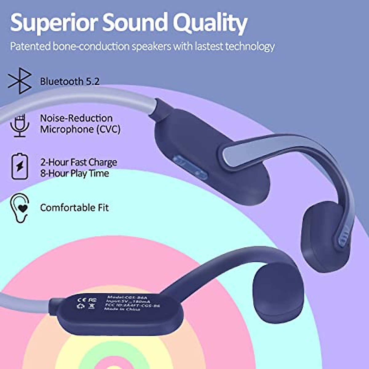 C G CHANGEEK Bone Conduction Headphones, Open-Ear Wireless Bluetooth Headphones with CVC Noise Reduction Microphone, 8H Playback, Sweatproof Sport Earphones for Gym, Running & Work, CGS-B6A