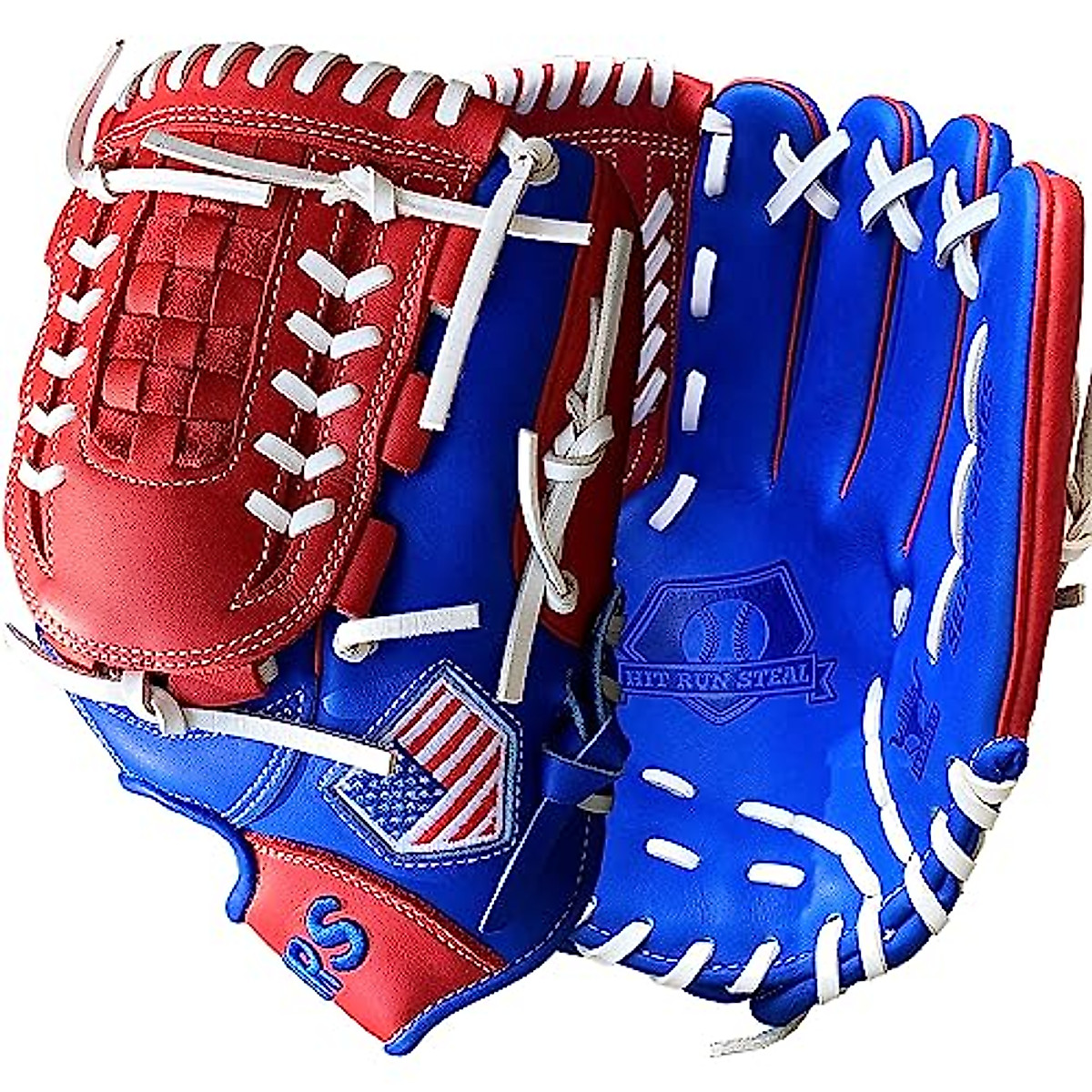Hit Run Steal Pitcher's Baseball Glove - Right Hand Throw Full Grain Leather Basket Web Glove - Red Blue with White Laces - Perfect for Baseball Players (12 Inch)