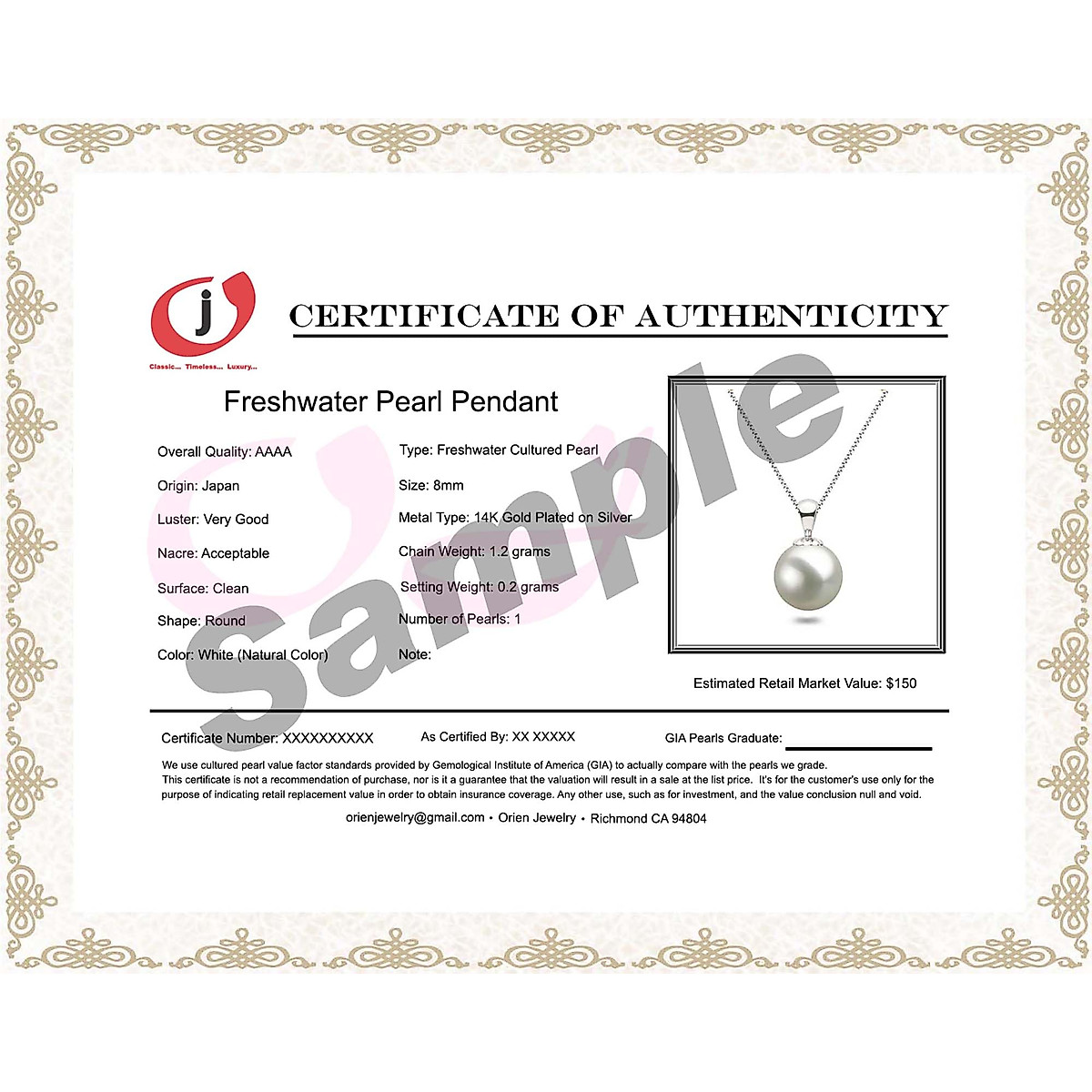 Orien Jewelry Japanese Freshwater Cultured Pearl Pendant Necklace AAAA Graded 8mm White Color Necklace Pendant with Sterling Silver Setting and Matching 18 Inch Chain