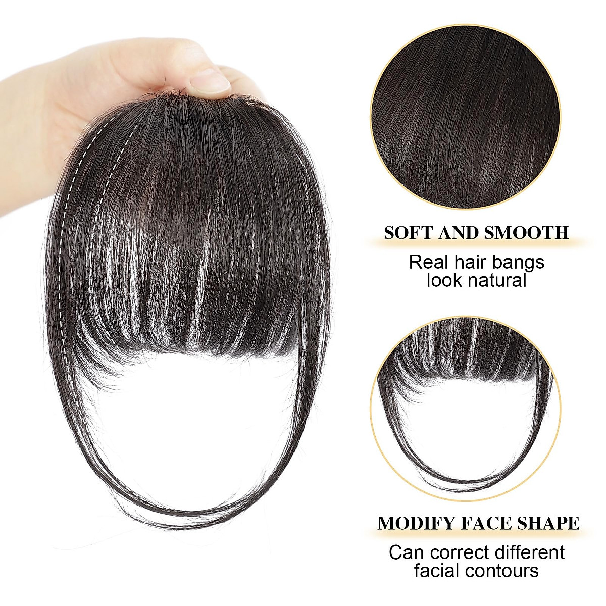 BOGSEA Clip in Bangs Human Hair Bngs Hair Clip on Wispy Bangs Fringe with Temples Hairpieces for Women Clip on Air Bangs Flat Neat Bangs Hair Extension for Daily Wear (Wispy Bangs, (Brown Black))