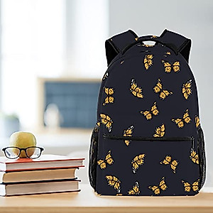 Niaocpwy Yellow Butterfly Black Background School Backpack Medium Size, Travel Bag For Women Girls Men Boys Teens