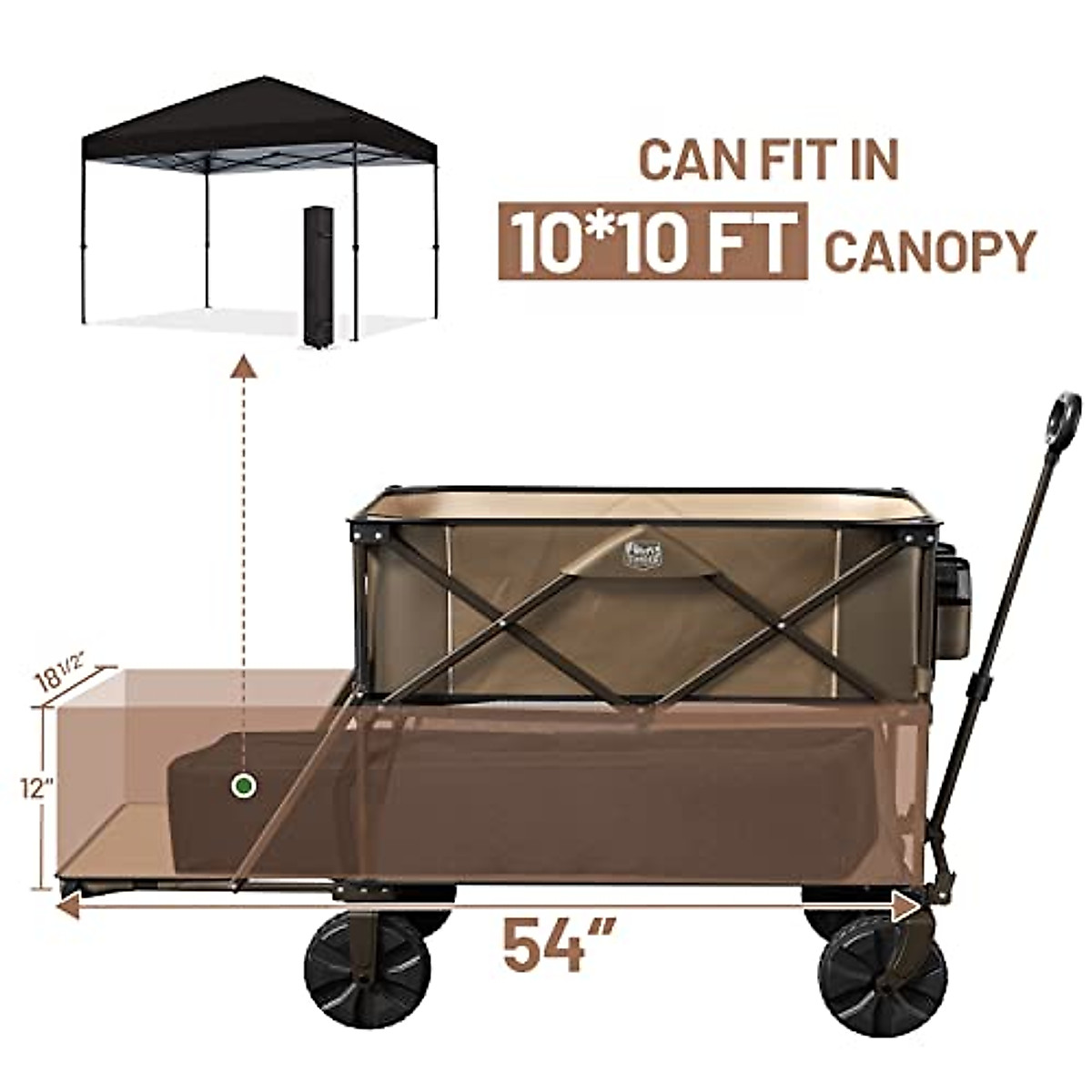 TIMBER RIDGE Folding Double Decker Wagon, Heavy Duty Collapsible Wagon Cart with 54" Lower Decker, All-Terrain Big Wheels for Camping, Sports, Shopping, Garden and Beach, Support Up to 225lbs, Brown