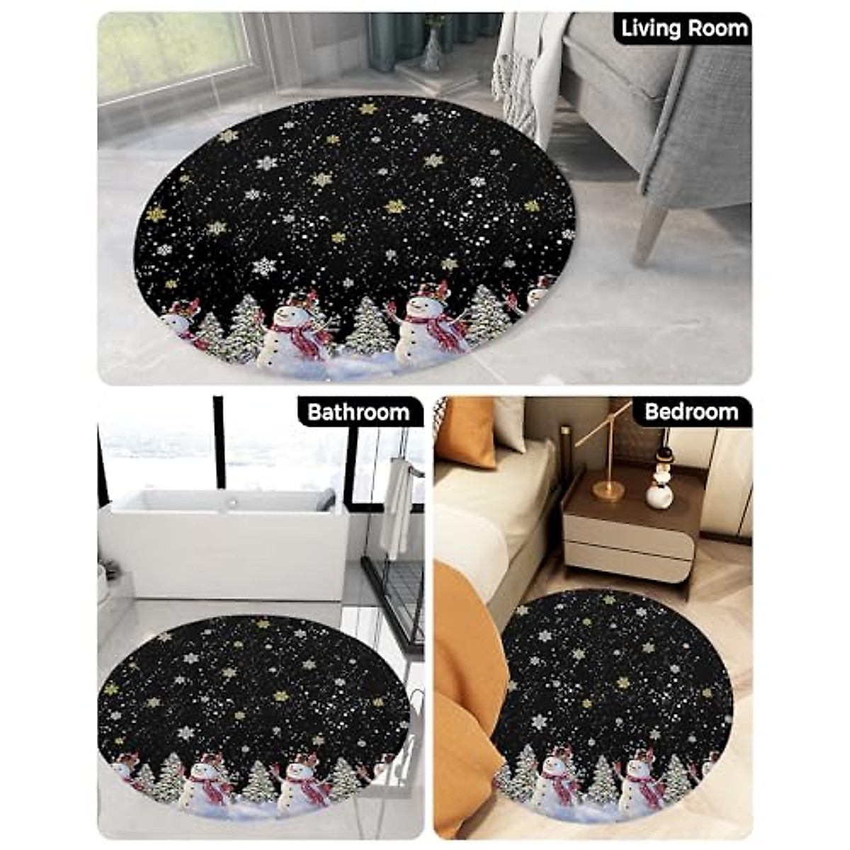 Christmas Black Fluffy Round Area Rug Carpets 3ft, Plush Shaggy Carpet Soft Circular Rugs, Non-Slip Fuzzy Accent Floor Mat for Living Room Bedroom Nursery Home Decor Snowman Gold Snowflake Xmas Tree