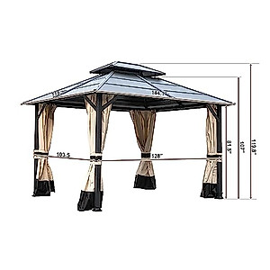 MONDAWE 10x12Ft Hardtop Gazebo Double Roof Permanent Gazebo Steel Frame Canopy Outdoor Pavilion Heavy Duty for Patio Lawn Garden with Curtains and Netting,Black