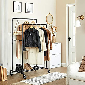 SONGMICS Heavy Duty Clothes Rack, Industrial Pipe Clothing Rack with Shelf, Double Rod Garment Rack on Wheels, Commercial Grade, for Hanging Clothes, Storage Display, Black UHSR60B