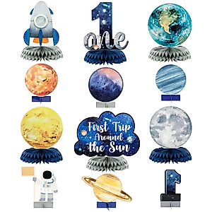 ANGOLIO 12Pcs First Trip Around The Sun One Letter Sign Party Honeycomb Table Centerpiece Outer Space 1st Birthday Party Decorations Planets Solar System Theme Party for Boys Baby Shower Photo Props
