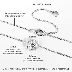 Moissanite Necklace for Women 1 Carat D Color Moissanite Pendant Lab Created Diamond Adjustable 925 Sterling Silver Chain Halo Necklace Anniversary Valentines Day Gifts for Her