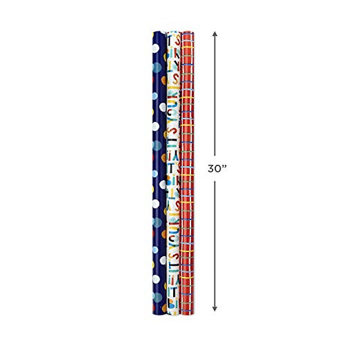 Hallmark Birthday Wrapping Paper Bundle with Cut Lines on Reverse (3-Pack: 55 sq. ft. ttl.) Bright and Holographic Prints and Patterns in Red, Blue, Yellow, White and More