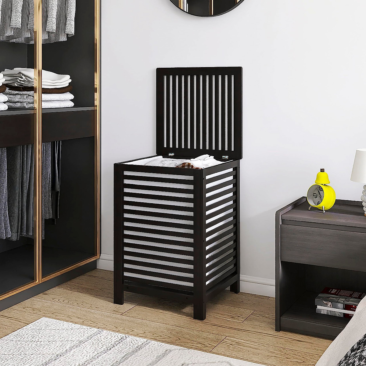 SMIBUY Double Laundry Hamper with Lid, 120L Bamboo Laundry Basket with Removable Liner Bag, 2-Section Clothes Divider Laundry Sorter for Laundry Room, Bathroom, Bedroom (Black)