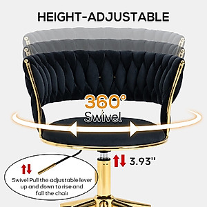 NIOIIKIT Velvet Office Desk Chair with Hand Woven Backrest, 360° Swivel & Height Adjustable Task Chairs, Makeup Chair, Living Room Chairs with Stainless Base and 5 Wheels (Black)