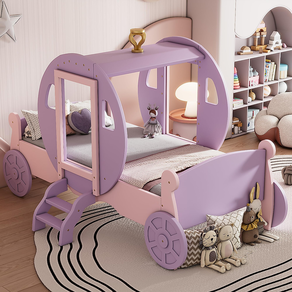 Twin Size Princess Carriage Bed Frame for Boys Girls Kids Toddler with Crown, Wood Platform Car Bed with Stair, Purple+Pink