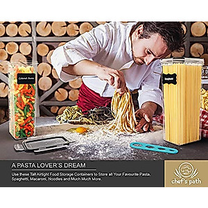 Chef's Path Airtight Food Storage Containers (Set of 4, 2.8L) - Tall Pasta Storage Containers for Pantry & Kitchen Organization, Spaghetti, Noodles, Cereal - Lids, Noodle Measure and Reusable Labels Included