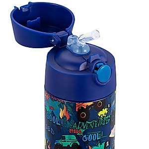 Snug Kids Water Bottle - insulated stainless steel thermos with straw (Girls/Boys) - Monster Trucks, 17oz