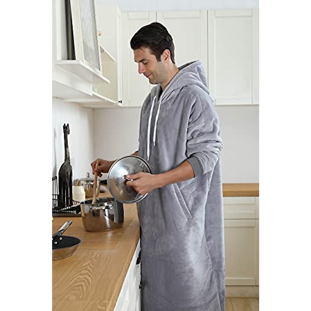 Moosth Oversized Sherpa Wearable Blanket Hoodie Long Soft Flannel Plush Blanket Sweatshirt Birthday Gifts for Men and Women 47 Inch (Gray)