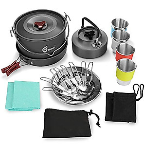 Odoland 22pcs Camping Cookware Mess Kit, Large Size Hanging Pot Pan Kettle with Base Cook Set for 4, Cups Dishes Forks Spoons Kit for Outdoor Camping Hiking Picnic
