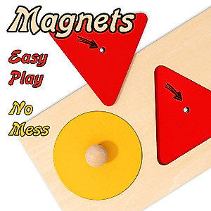 Magnetic Wooden Montessori Knob Puzzle - 3 Jumbo Shapes - Learn Colors & Shape – Baby & Toddler Development Toy