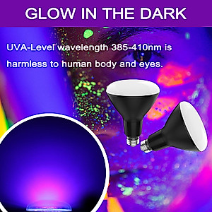 BR30 UV Black Light Bulbs 2 Pack for Glow Party -15W (100w Equivalent) E26 UVA 385-410 nm, Big LED Blacklight Flood Light Bulb for Room, Body Paints, Fluorescent Poster, Halloween, Blacklight Party