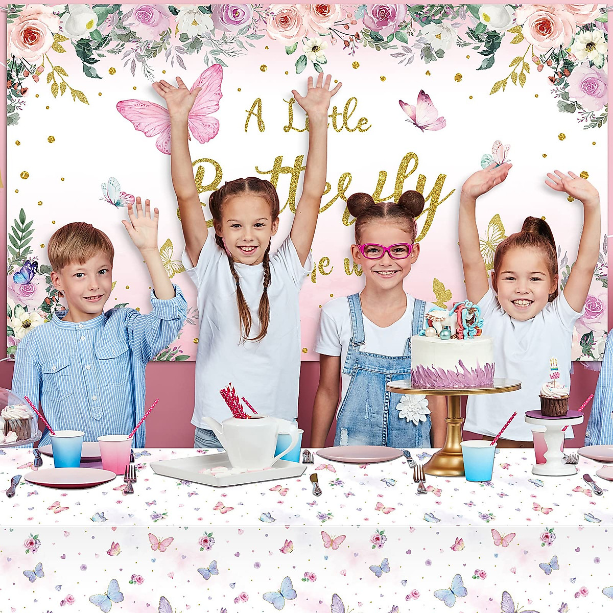 Butterfly Baby Shower Decorations Set a Little Butterfly Is on the Way Photography Backdrop Pink Purple Balloon Garland Arch Kit Butterfly Tablecloths for Baby Girls Shower Supplies Decor