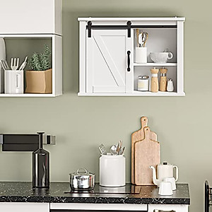 LOKO Rustic Medicine Cabinet with Sliding Barn Door, Bathroom Cabinet Wall Mounted with Adjustable Shelves, Small Bathroom Wall Cabinet Over Toilet, 8 x 27.5 x 20 inches, White