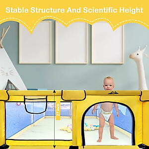 B22 Playpen 51”x51” + 2pull Rings+ 50pcs Ocean Balls+ 1sports Basket Loop; Playpen for Babies, Toddlers, Kid. Large Playpen for Toddlers, Sturdy, Safe, Portable Play Yard Indoor & Outdoor, Yellow