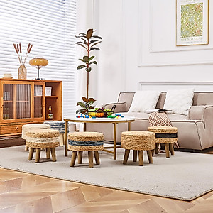 Cpintltr Round Ottoman Natural Seagrass Footstool Hand Weave Water Hyacinth Poufs Eco Friendly Sofa Foot Stool Soft Step Stool Padded Foot Rest with Pine Legs for Living Room Bedroom Blue