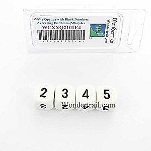 Wondertrail White Opaque Dice with Black Numbers D6 Averaging Dice 16mm (5/8in) Pack of 4