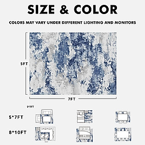 Area Rugs for Living Room Rug 5x7 Carpet-Rugs for Bedroom Abstract Modern Dining Room Rug Office Rug Low Pile Machine Washable Rug Non Slip Durable Grey Blue Rug