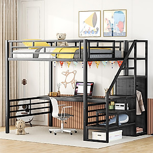 Oudiec Staircase Full Size Loft Bed with Built-in Desk & Wardrobe,Sturdy Bedframe w/Storage & Safety Guardrail,No Box Spring Needed,Perfect for Kids Bedroom,Black