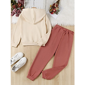 SOLY HUX Girl's Letter Print Drop Shoulder Hoodie Sweatshirt and Jogger Sweatpants 2 Piece Outfit Beige and Pink 10Y