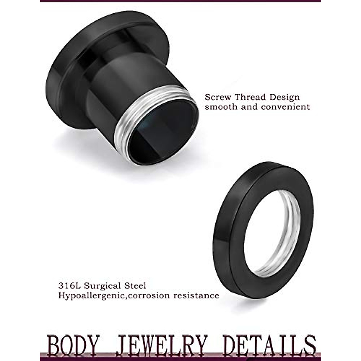 Jenxnjsjo Black Gauges for Ears 14G to 00G Tunnels Ear Stretching Kit Gauge Plugs Gage Stretchers Expander Starter Kits Double Zero Gauging Plug Earrings Set Surgical Stainless Steel for Women Men