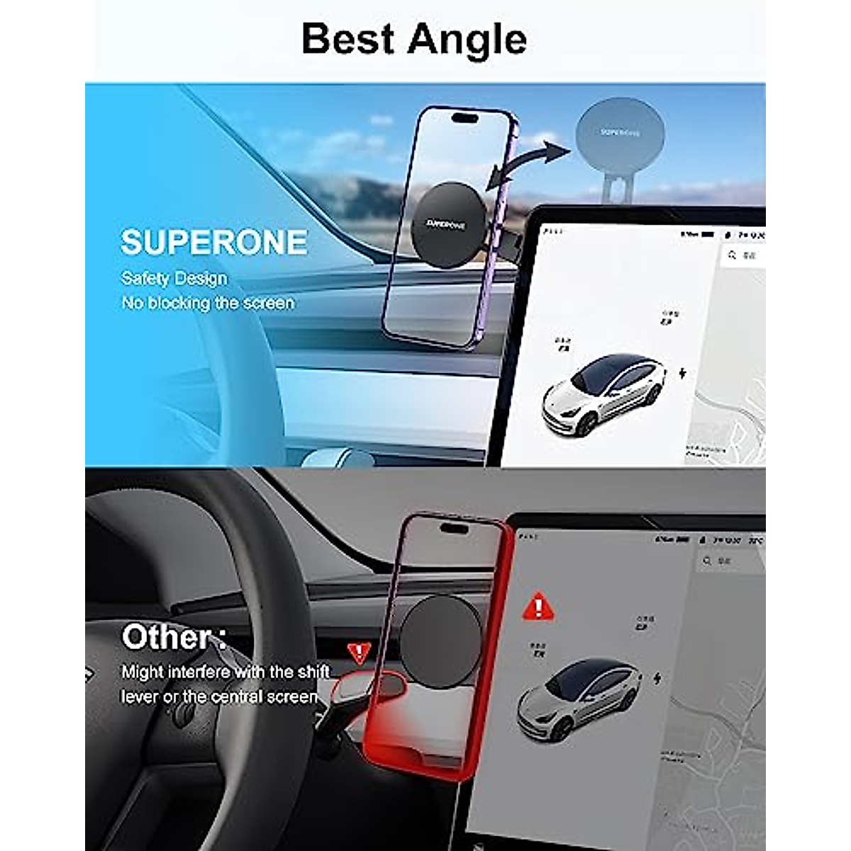 SUPERONE Tesla Phone Mount, Compatible with MagSafe Car Mount for Model 3 & Model Y, [Super Strong Magnet] 360° Rotation for iPhone 15 14 13 Pro/Max MagSafe Case & All Phones, Black