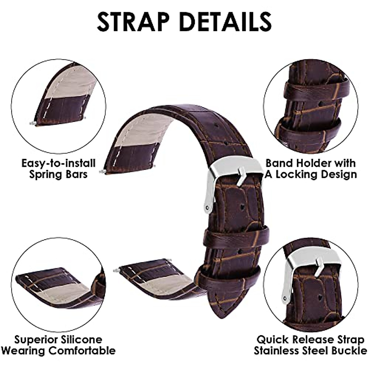 TIESOME Quick Release Leather Watch Bands, Replacement Leather Watch Strap for Men Women - 18mm 20mm 22mm (20mm, Brown)