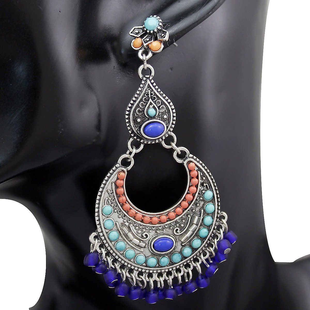 RechicGu Retro Silver Women Indian Earrings Tribal Vintage Crescent Blue Stone Jhumki Jhumka Banjara Kuchi Belly Dance Gypsy Oxidized Earrings