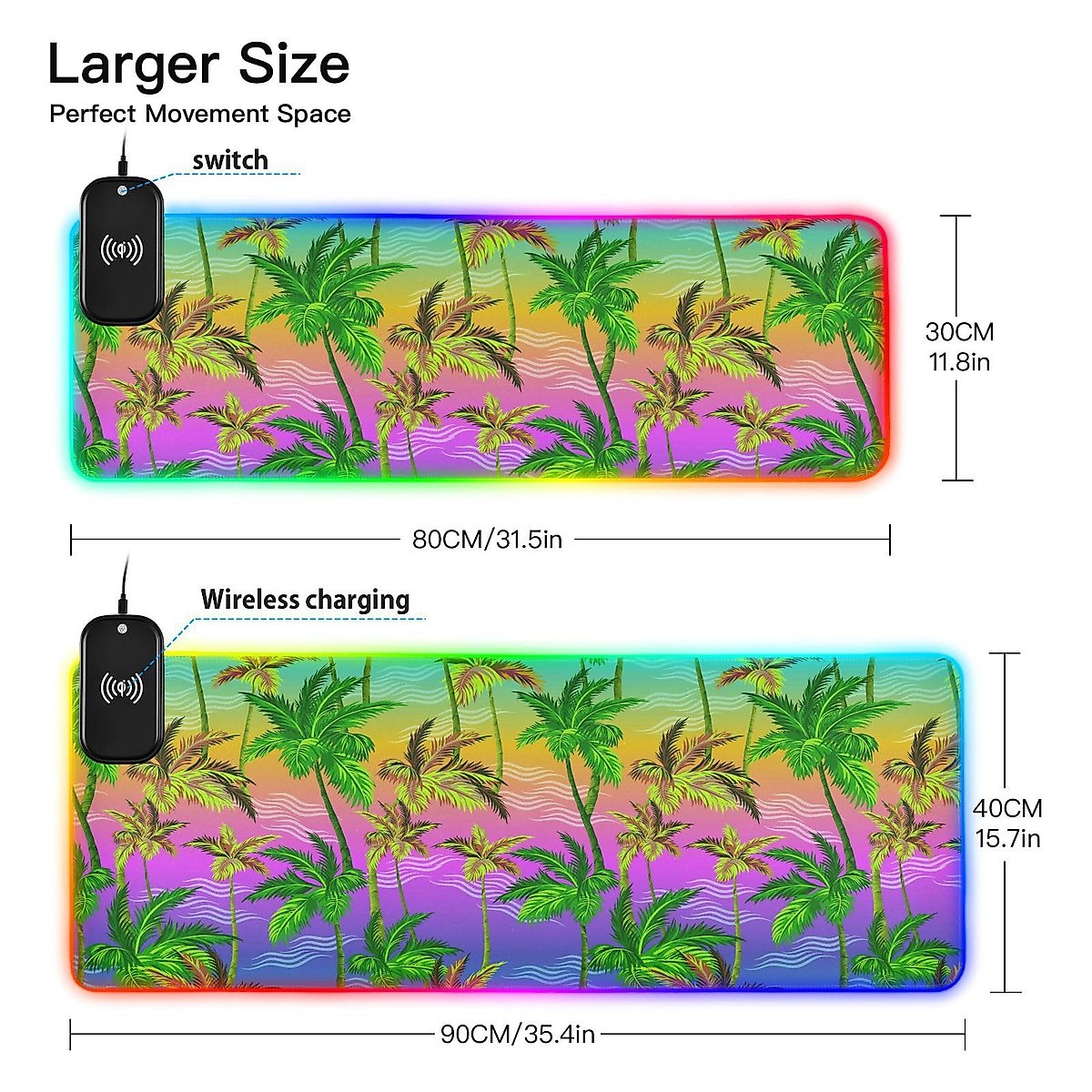 Palm Tree Wireless Charging Mouse Pad for Mobile Phone Extra Large Gaming Mousepad with 13 Lighting Modes Mouse Mat for MacBook PC Laptop Desk Office Home Gaming