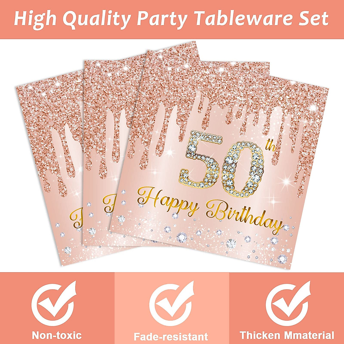 96 Pieces 50th Birthday Tableware Set for Pink Rose Gold 50th Birthday Table Decorations Supplies Pink Rose Gold Happy 50 Birthday Dessert Plates Napkins Forks for 24 Guests Women Birthday Supplies