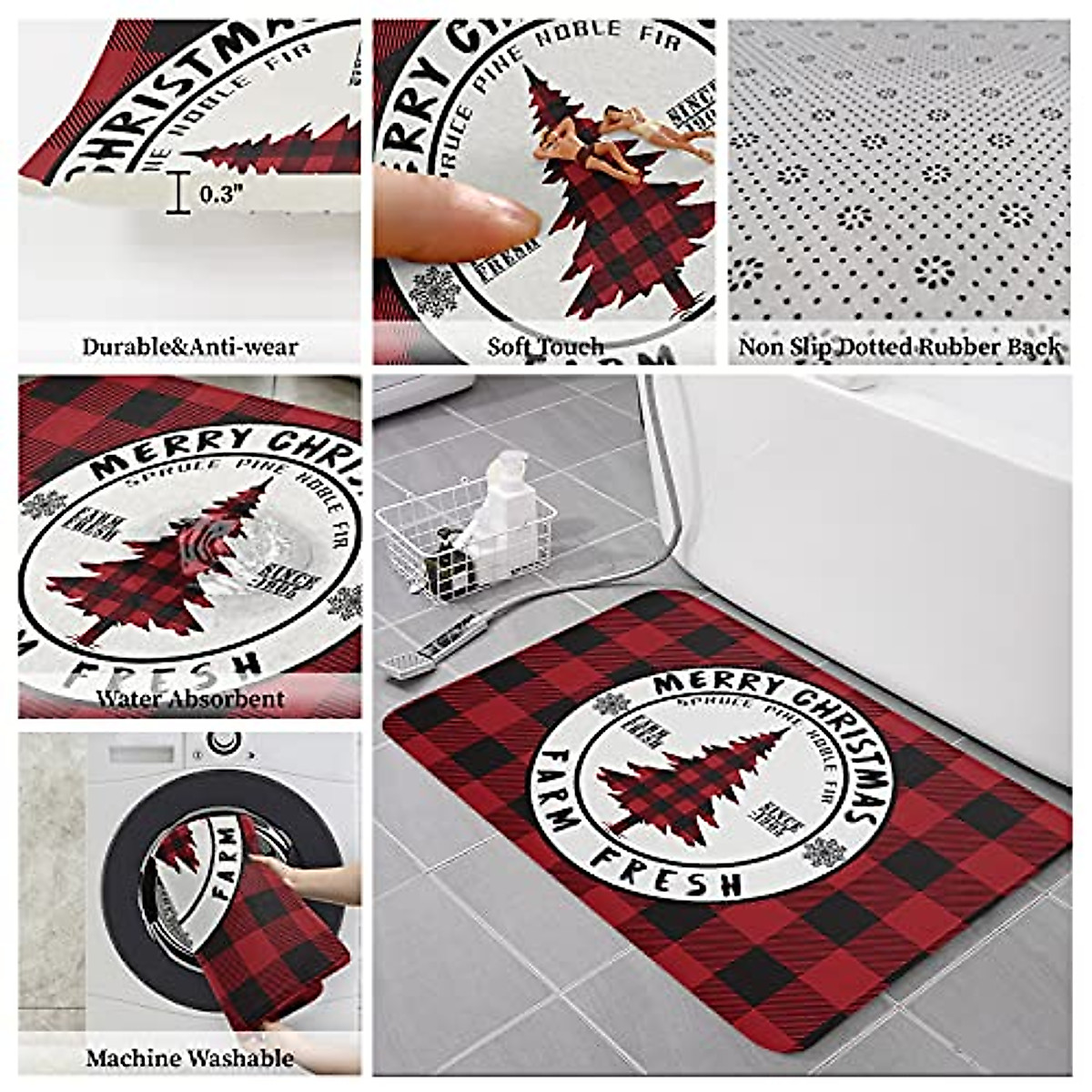 Bathroom Floor Rugs Merry Christmas Sponge Doormat Absorbent Non Slip Durable Flannel Mat Farm Fresh Christmas Tree Red Buffalo Plaid Christmas Memory Foam Mats for Bathroom Kitchen20 x 31.5 inches