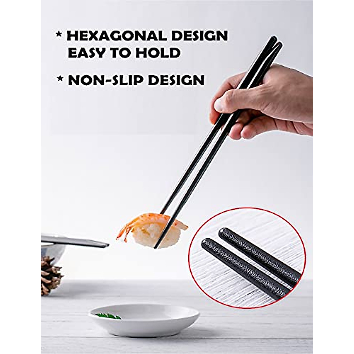 Fiberglass Chopsticks Reusable Korean Japanese Chinese Chop sticks, 5 Pairs 9 1/2 inch Black, Dishwasher safe, Non-slip Stripe gift-box Pack Cool Chopstick