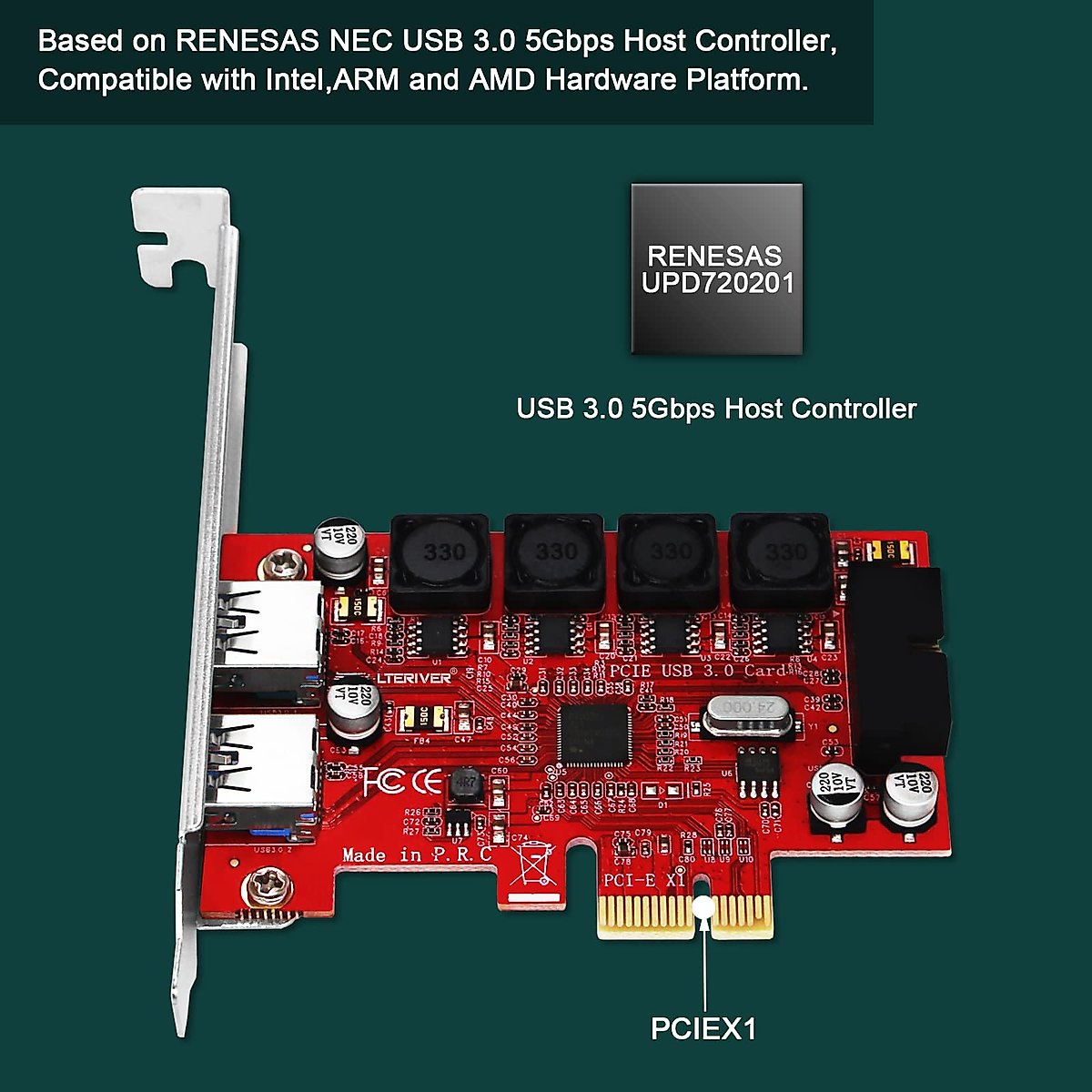 LTERIVER PCIE to 1X 19Pin USB 3.0 Header and 2X USB-A Ports, PCIE USB 3.0 5Gbps Expansion Card for Windows 11, 10, 8.1, 7, XP (32/64), Built Smart Power Control Technology (PCE-IN2EX2)