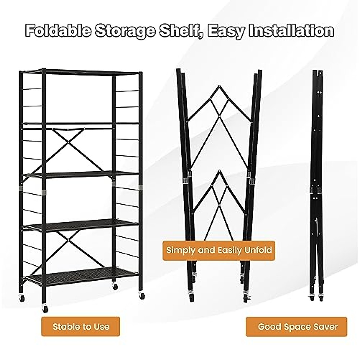 Giantex 5-Tier Folding Bookshelf with Wheels Black, 60" Tall Foldable Metal Shelves for Storage, Freestanding Open Shelving Storage, Easy Assembly Bookcase Display Shelving Rack