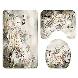 4Pcs Flower Shower Curtains Sets with Rugs Polyester Bathroom Shower Curtains Lid Toilet Cover Bath Mat Rug with Hooks Bathroom Accessory Sets 70"x70"(Roses and Butterflies)