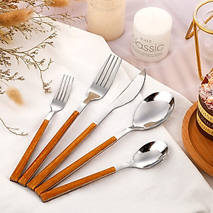 Wood Handle Silverware Set, Stainless Steel Cutlery Set with Imitation Wood Grain Handle Silver Mirror Polished Dishwasher Safe for Household Kitchen Utensils Restaurant Hotel Party (40)