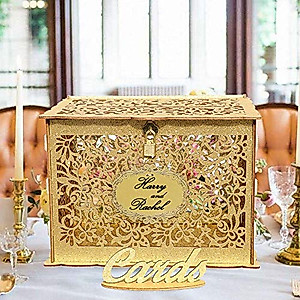 OurWarm Glittery Gold Wedding Card Box with Lock, Wood Gift Card Box Holder Money Box for Wedding Reception Birthday Party Baby Shower, Open House Celebration or Graduation Party Decorations