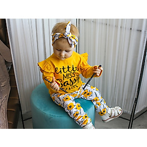 3Pcs Baby Girl Clothes Little Miss Sassy Pants Long Sleeve Letter Tops Flowers Pants and Headband Outfit Set (18-24 Months)