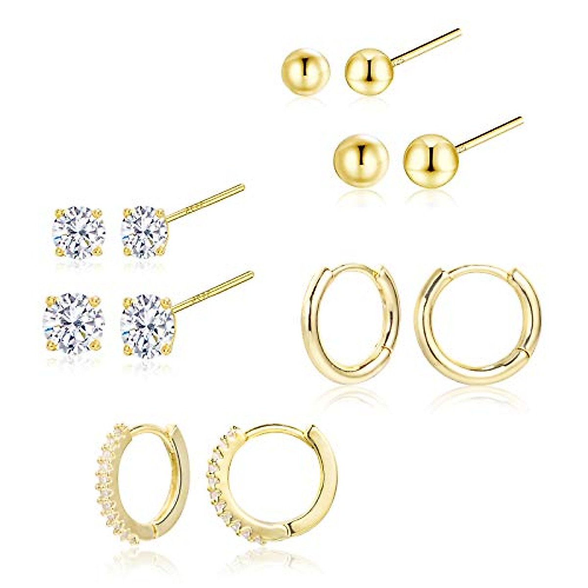 6 Pairs 14K Gold Plated Hoop Studs Earrings Set Hypoallergenic Small Huggie Hoop Earrings Cartilage Stud Earring Set for Women Sensitive Ears
