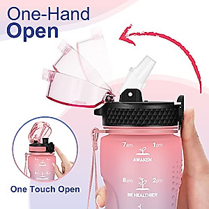AIDEAMART 24 OZ Motivational Kids Water Bottle With Time Marker,Straw Lid&Chug Lid, Leak Proof, Tritan BPA Free Sports Water Pink-Blue(2 Lid)