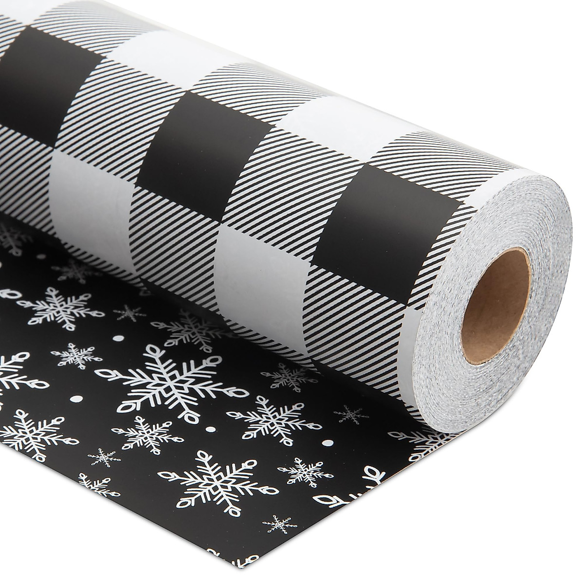 FIEHALA Reversible Christmas Wrapping Paper Jumbo Roll - Black Buffalo Plaid & Snowflakes Patterns - 30 inches x 100 Feet