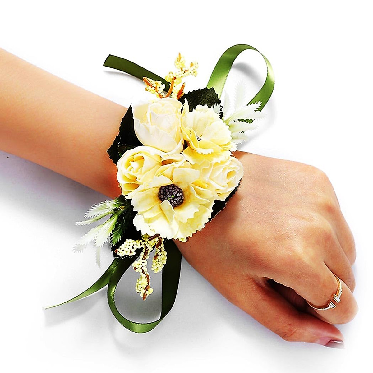Yean Flower Wedding Wrist Corsage Ivory Prom Corsage Ribbon Bracelets for Bride and Bridesmaios