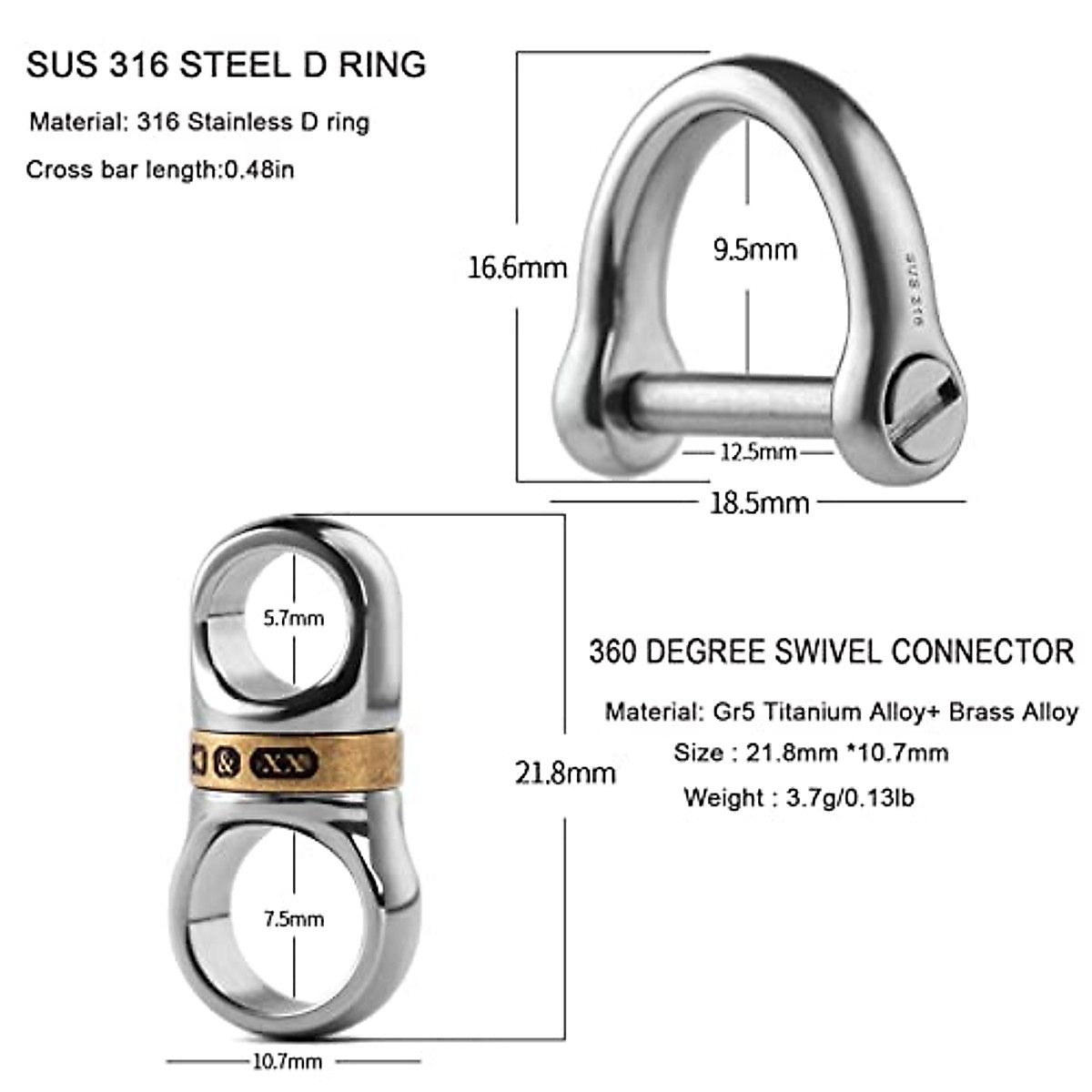 TISUR Titanium Key Ring for Keychain,Carabiner Key Chain Rings Connector with Detachable Keyring,Key Chain Assecories (1PC Titanium Copper Swivel +1PC SUS D-ring)