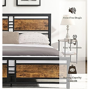 AnwickNomo Queen Size Metal Platform Bed Frame with Wooden Headboard and Footboard, Heavy Duty Rustic Country Style Mattress Foundation with Strong Slat Support, No Box Spring Needed, Noise-Free